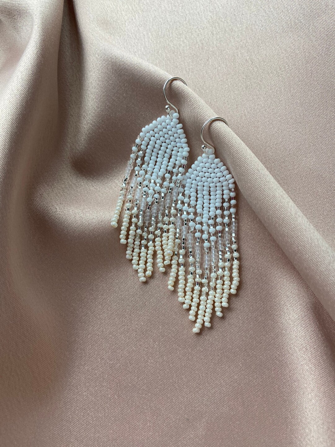 White Beaded Earrings Fringe Ombre Earrings Wedding Earrings Dangle ...