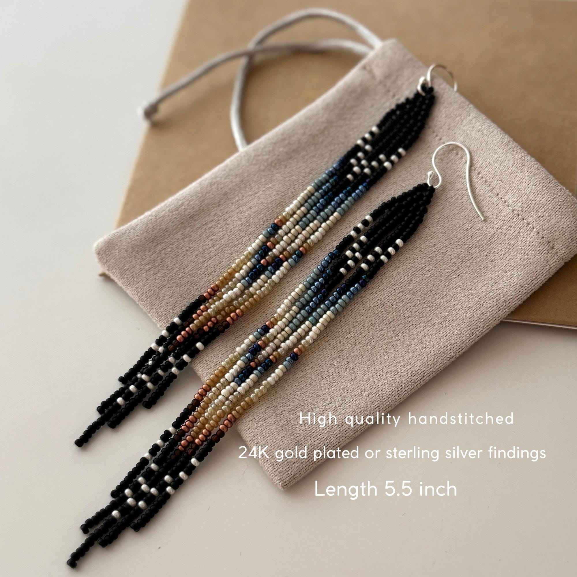 Handmade Beaded Dangle Earrings – Navy Blue to Brown Gradient, Boho ...
