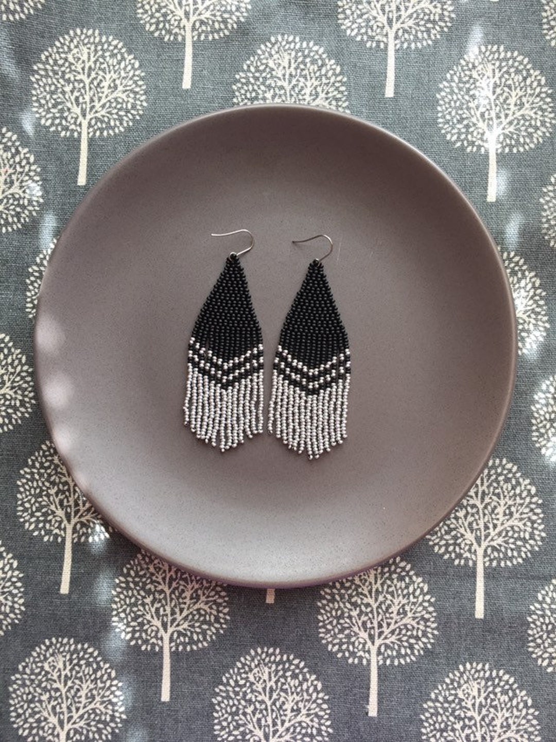 Matte Black Beaded Earrings With Silver Fringe - Boho Gothic Ethnic ...