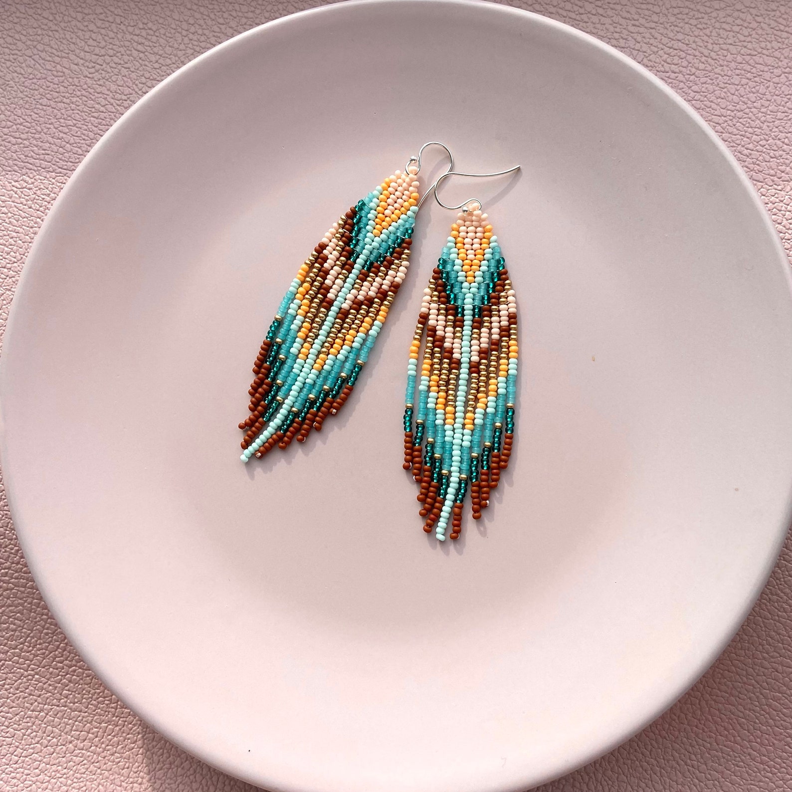 Turquoise Fringe Beaded Earrings Feather Seed Bead Earrings - Etsy