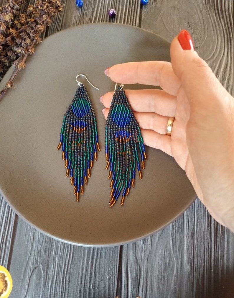 Black dangle seed bead earrings Bohemian fringe earrings | Etsy