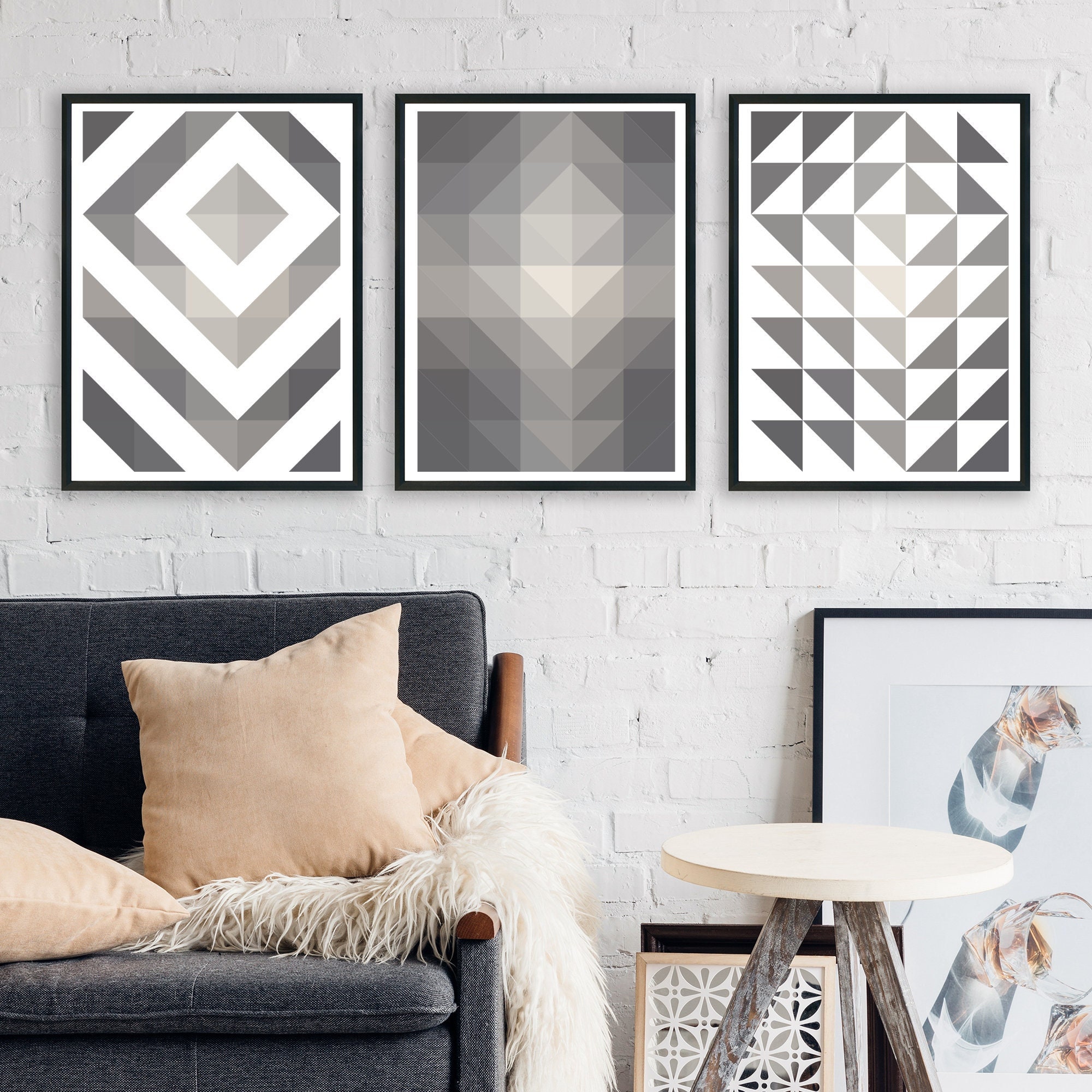 Set of 3 Abstract Geometric Prints | Shades of Grey | Modern Wall Art ...