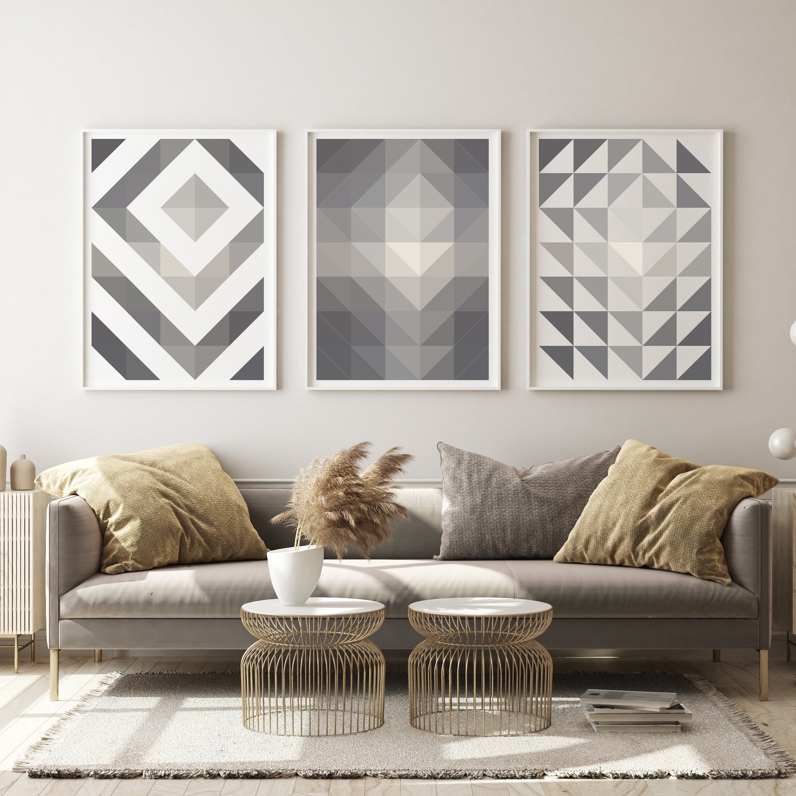 Set of 3 Abstract Geometric Prints | Shades of Grey | Modern Wall Art ...