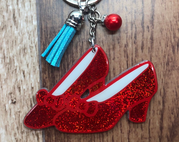 Ruby Red Slippers Keychain Wizard of Oz Dorothy Gingham Glitter Tassel ...