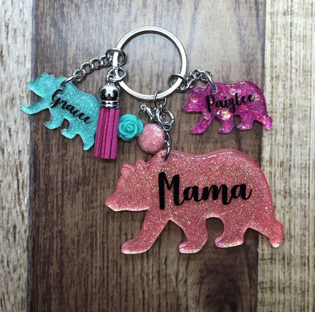 Glitter Mama Bear Keychain Baby Babies Cub Tassel Mother Baby Grandma ...