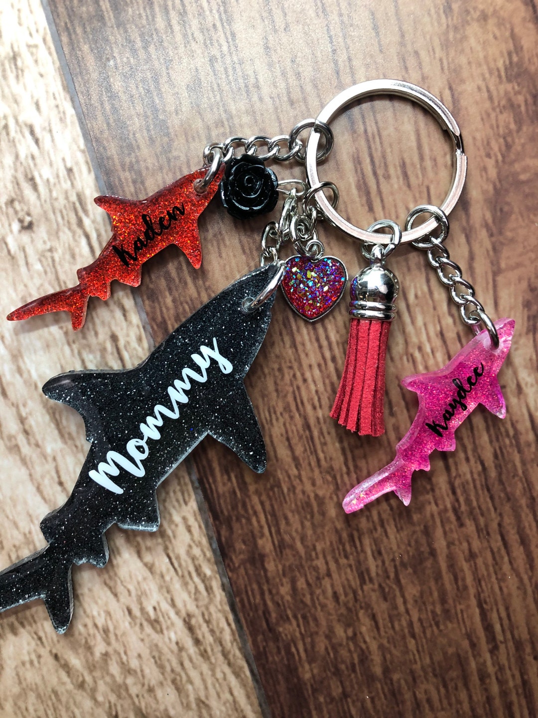 Mommy Baby Shark Sharks Mom Mama Glitter Tassel Keychain Key Chain ...