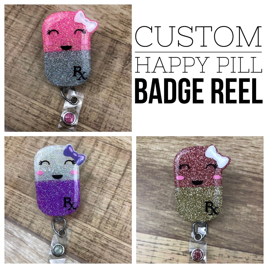 Happy Pill Badge Reel • Pharmacist Prescription Rx Pharmacy Glitter Bow ...