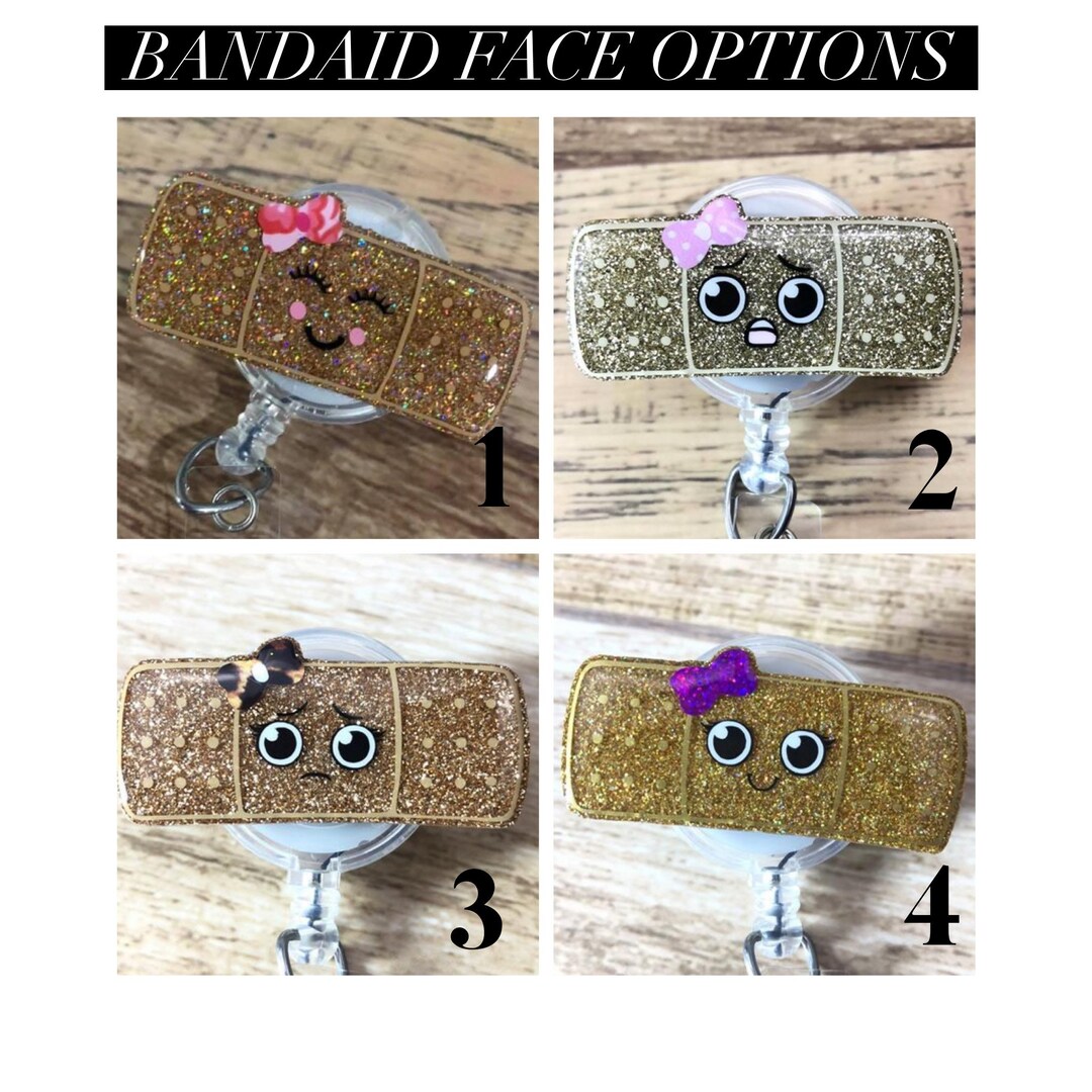 Cute Bandaid Badge Reel Custom Boo Boo Glitter Kawaii Face Bow Band Aid ...