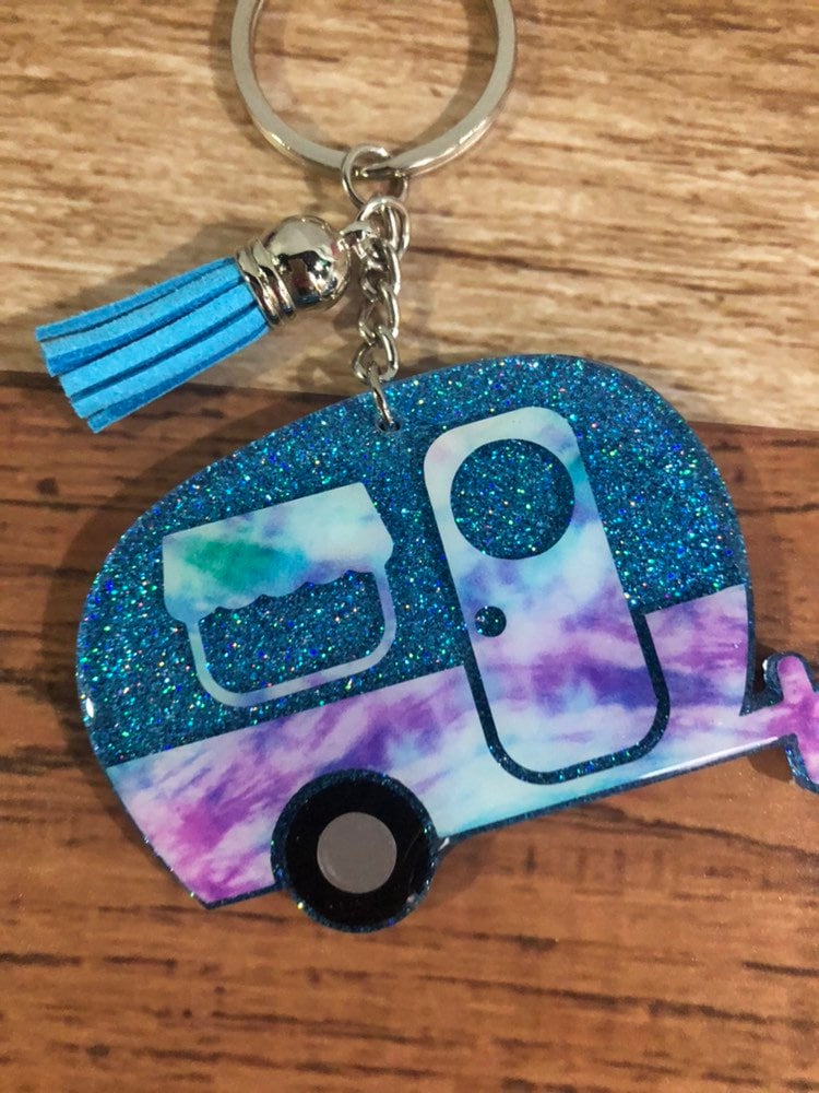 Tie Dye Camper Keychain Summer Camp Fifth Wheel Retro Glitter | Etsy