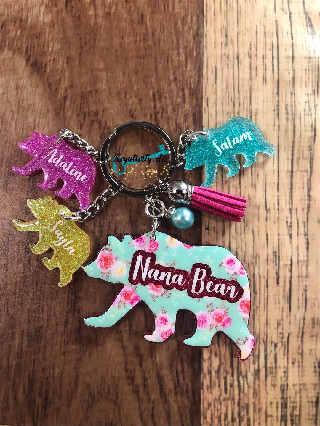 Floral Mama Bear Keychain • Pastel Roses Cub Glitter Tassel Mother Baby ...