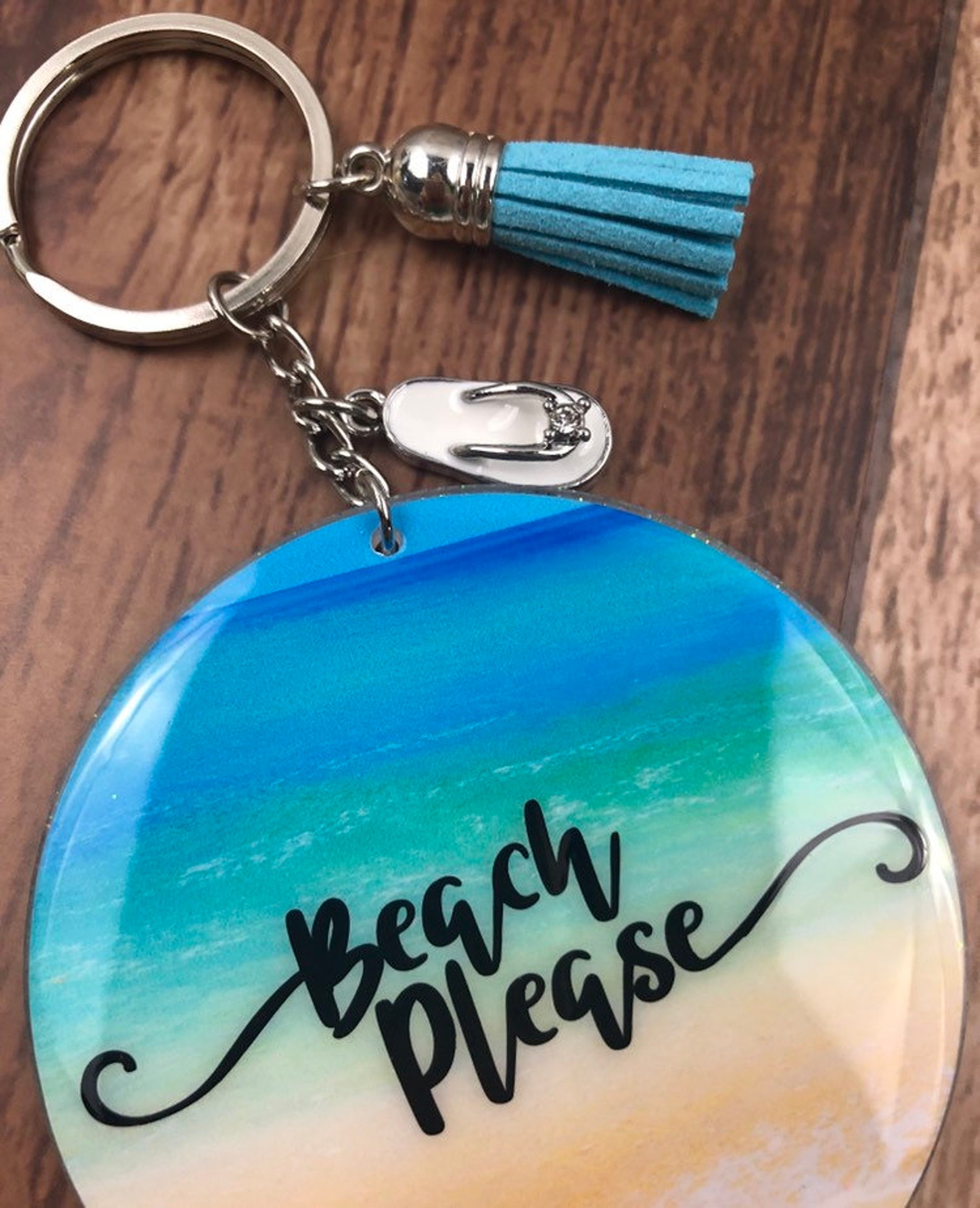 Beach Please Keychain Sand Beachy Scene Summer Lake Sky Flip Flop ...