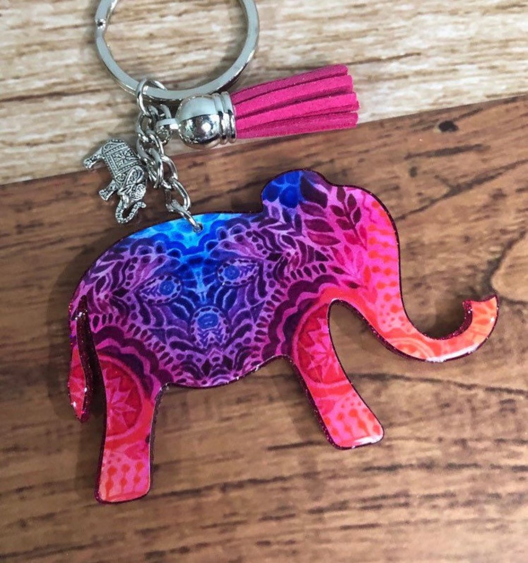 Elephant Keychain Mandala Bright Colors Pink Blue Purple Orange Glitter ...