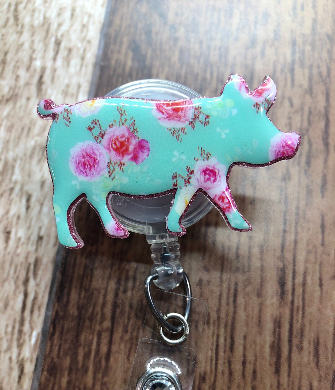 Pig Badge Reel Pin Magnet • Floral Pink Mint Green Piggy Piglet Glitter ...