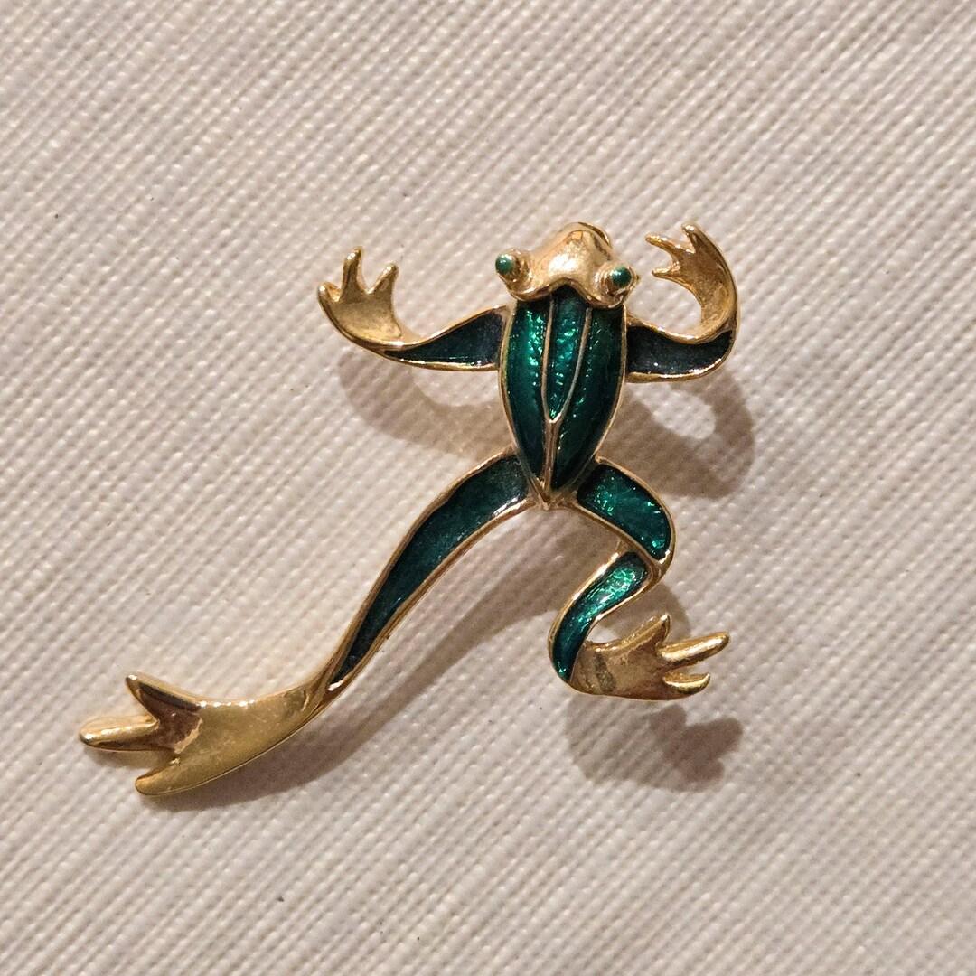 Vintage Frog Brooch Pin Leaping Jumping Green Enamel Textured Gold Tone ...