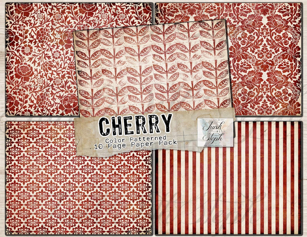 Cherry Color Patterned Paper Pack: 10 Page Damask Textured Patterns ...