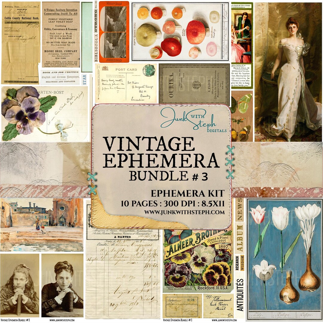 Vintage Ephemera Pages: 60+ Pieces Bundle 3 Junk Journal Paper Craft ...