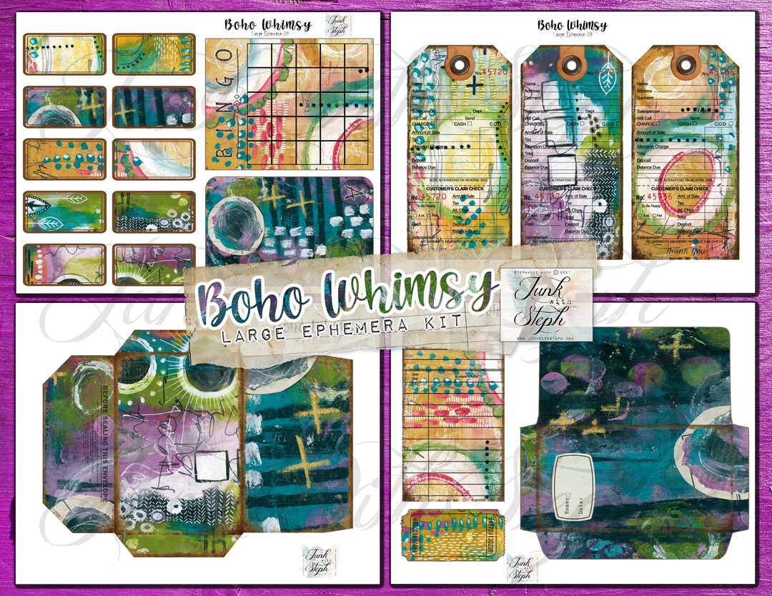 Boho Whimsy: LARGE Ephemera Kit 20 Ephemera Pages Mixed Media Vibrant ...