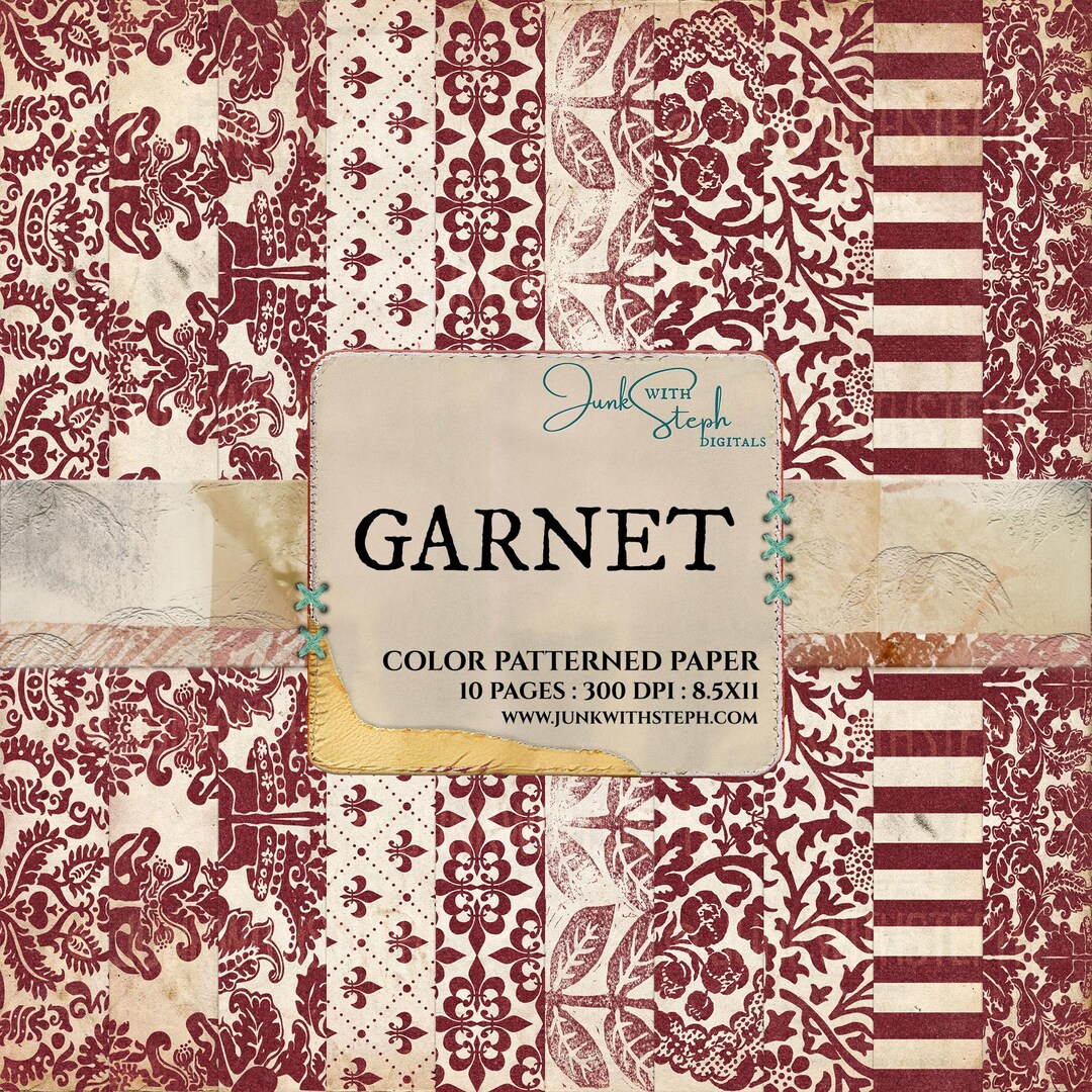 Garnet Color Patterned Paper Pack: 10 Page Damask Textured Patterns ...