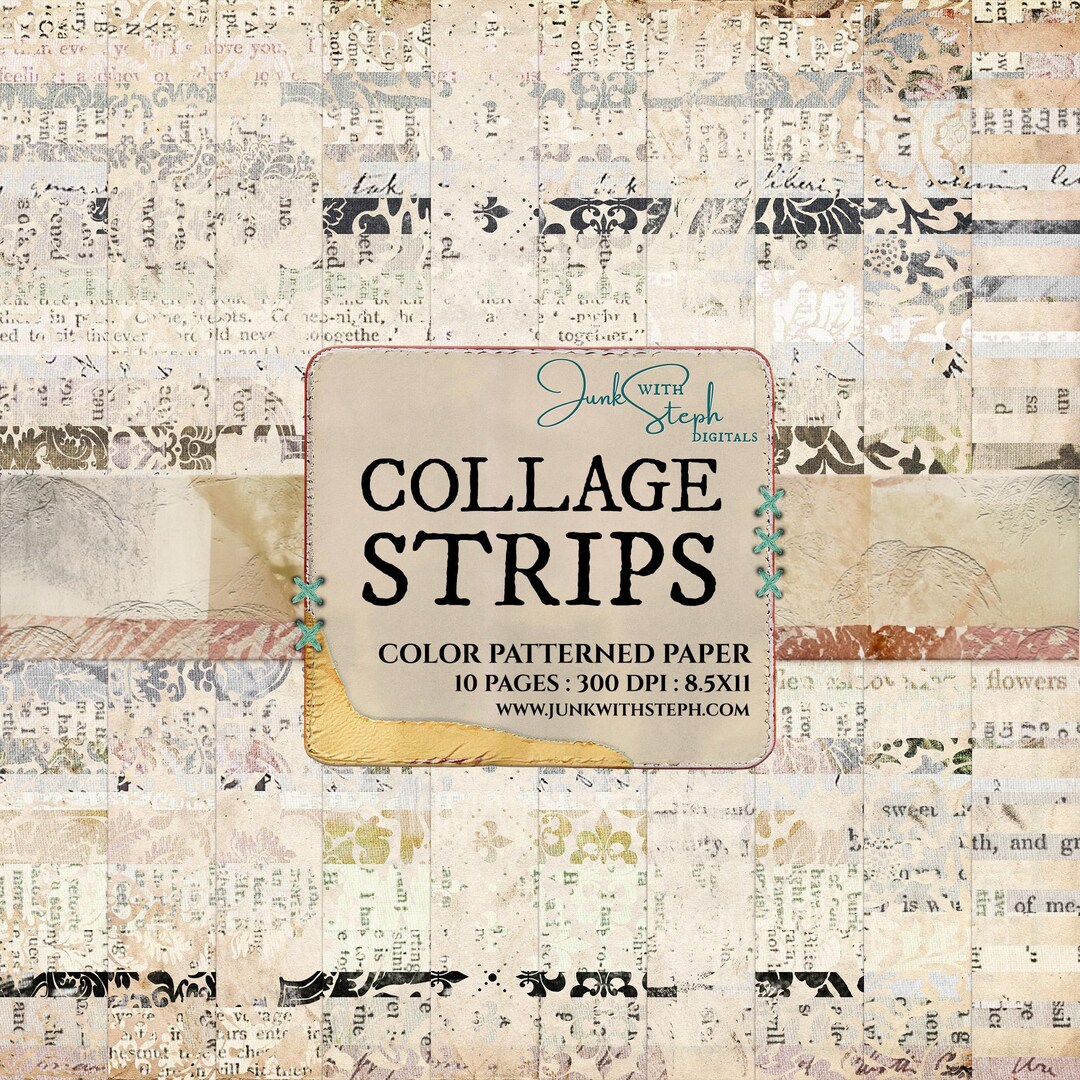 Collage Strips- Color Patterned Paper Pack: 10 Page Damask Textured ...