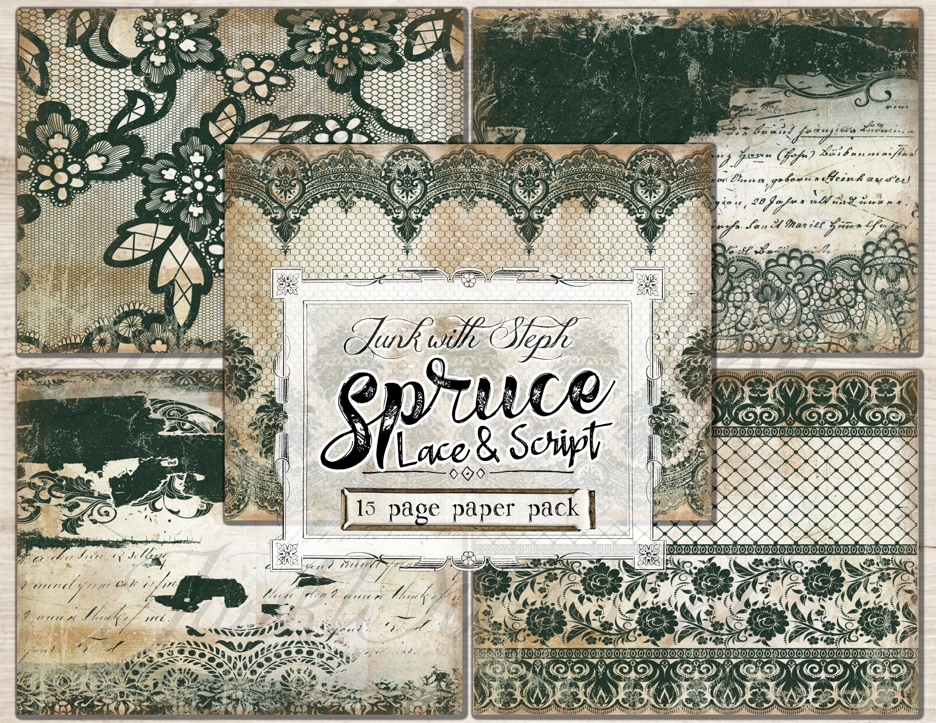 Spruce Lace & Script Paper Pack: 15 Page Color Textured - Etsy