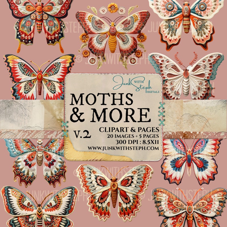 Embroidered Butterfly Moth Clipart: Junk Journal Stickers (digital ...