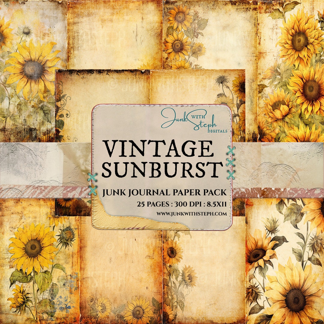 Vintage Sunflower Junk Journal Paper: Grungy Sunburst Textures (digital ...