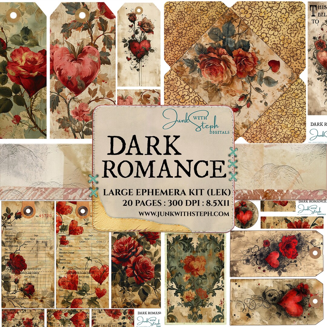Dark Romance: LARGE Ephemera Kit - 20 Ephemera Pages - Grungy Red ...