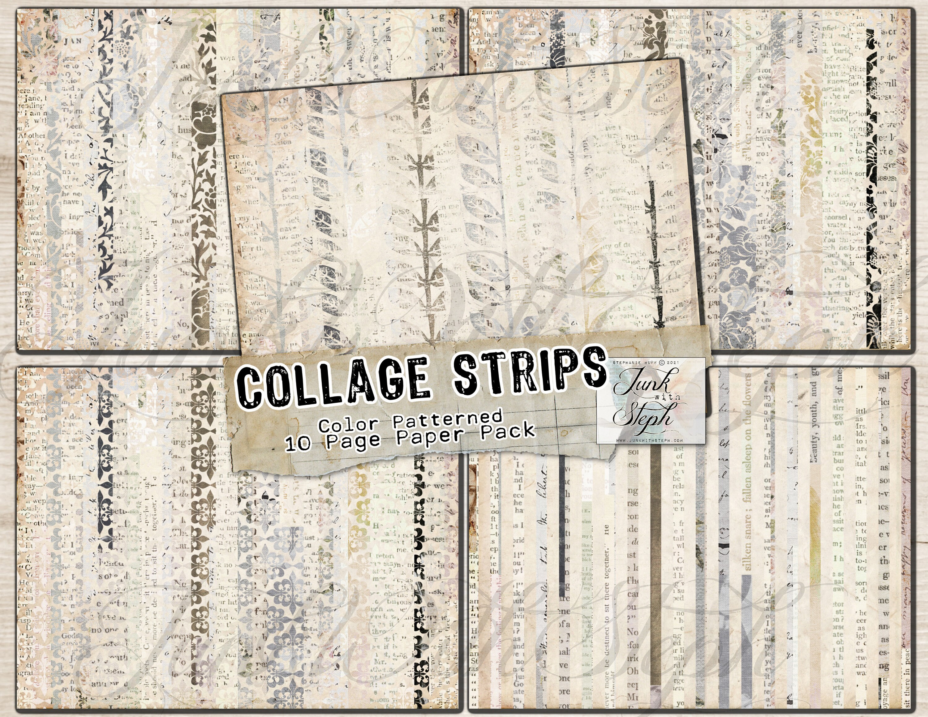 Collage Strips Color Patterned Paper Pack: 10 Page Damask - Etsy