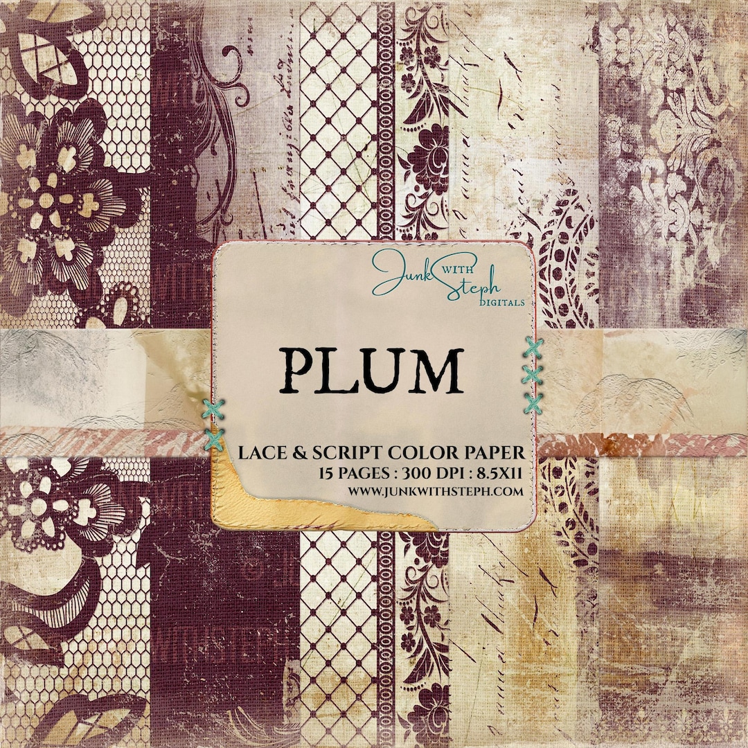 Plum Lace & Script Paper Pack: 15 Printable Junk Journal Pages (digital ...