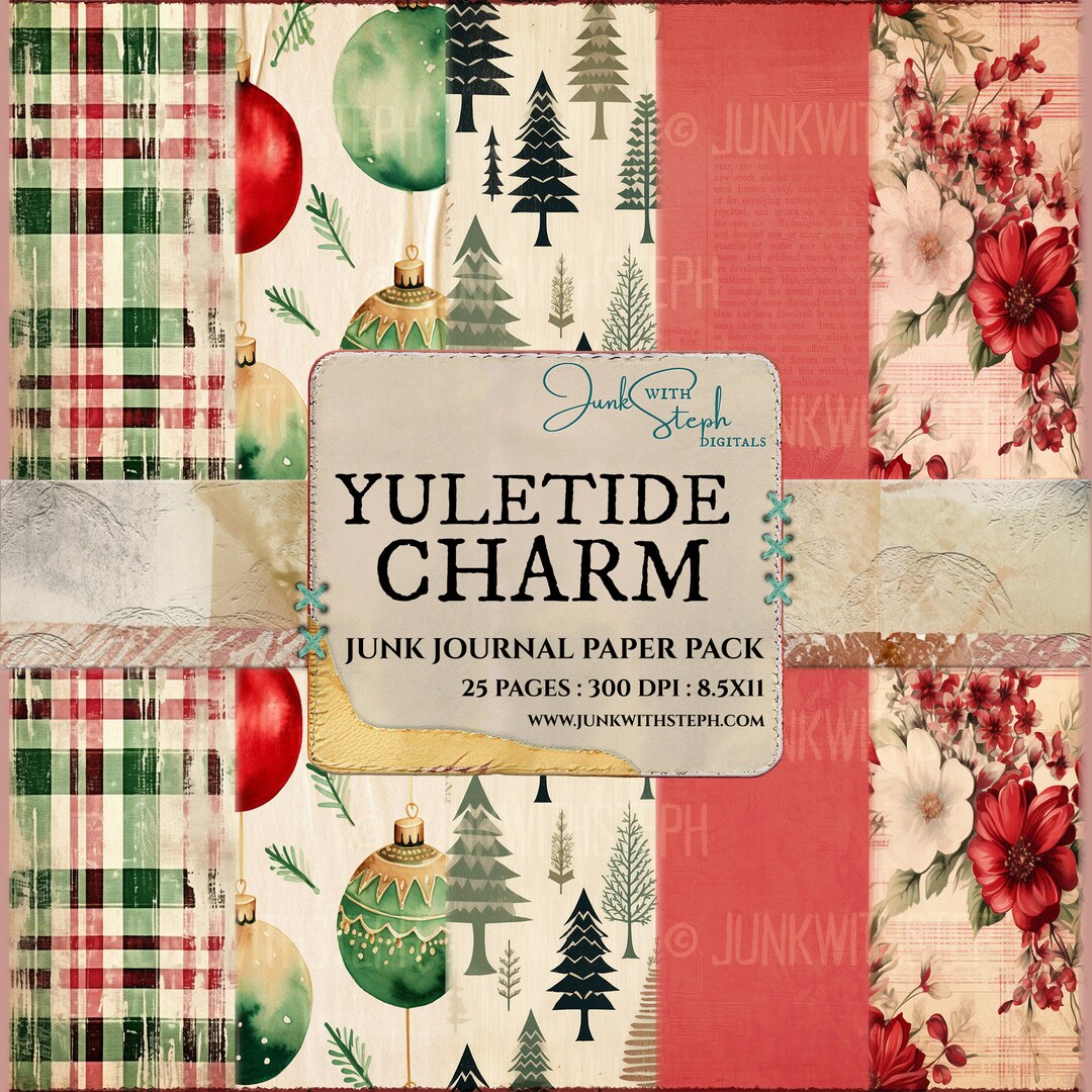 Yuletide Charm - 25 Page Journal Paper Pack Digital Printable Kit Instant Download Background ...