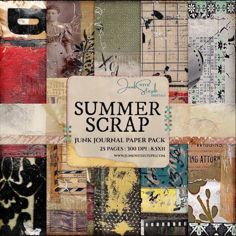 Summer Grunge Journal Paper Pack: Mixed Media Art, Printable Collage ...