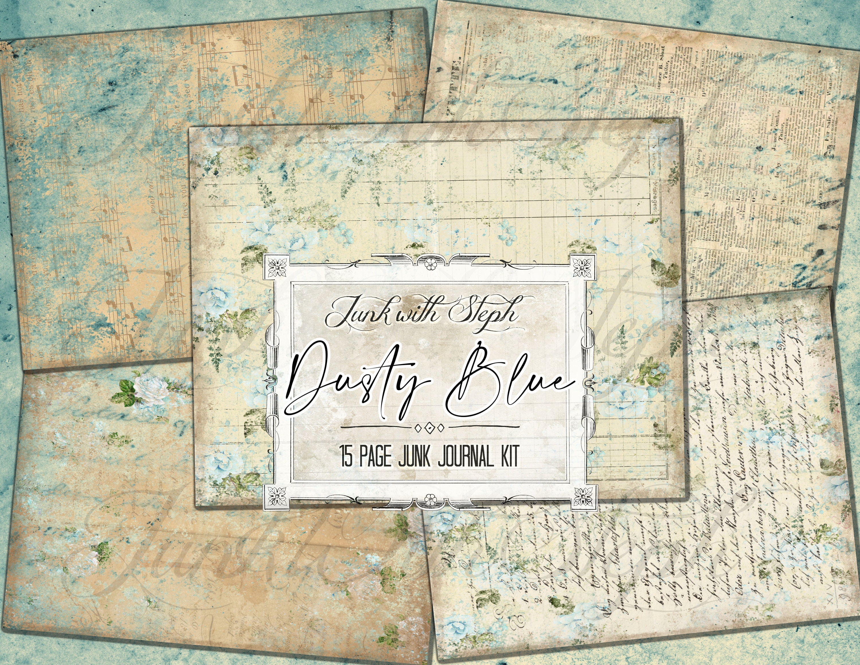 Dusty Blue 15 Page Main Junk Journal Kit Beautiful Shabby - Etsy