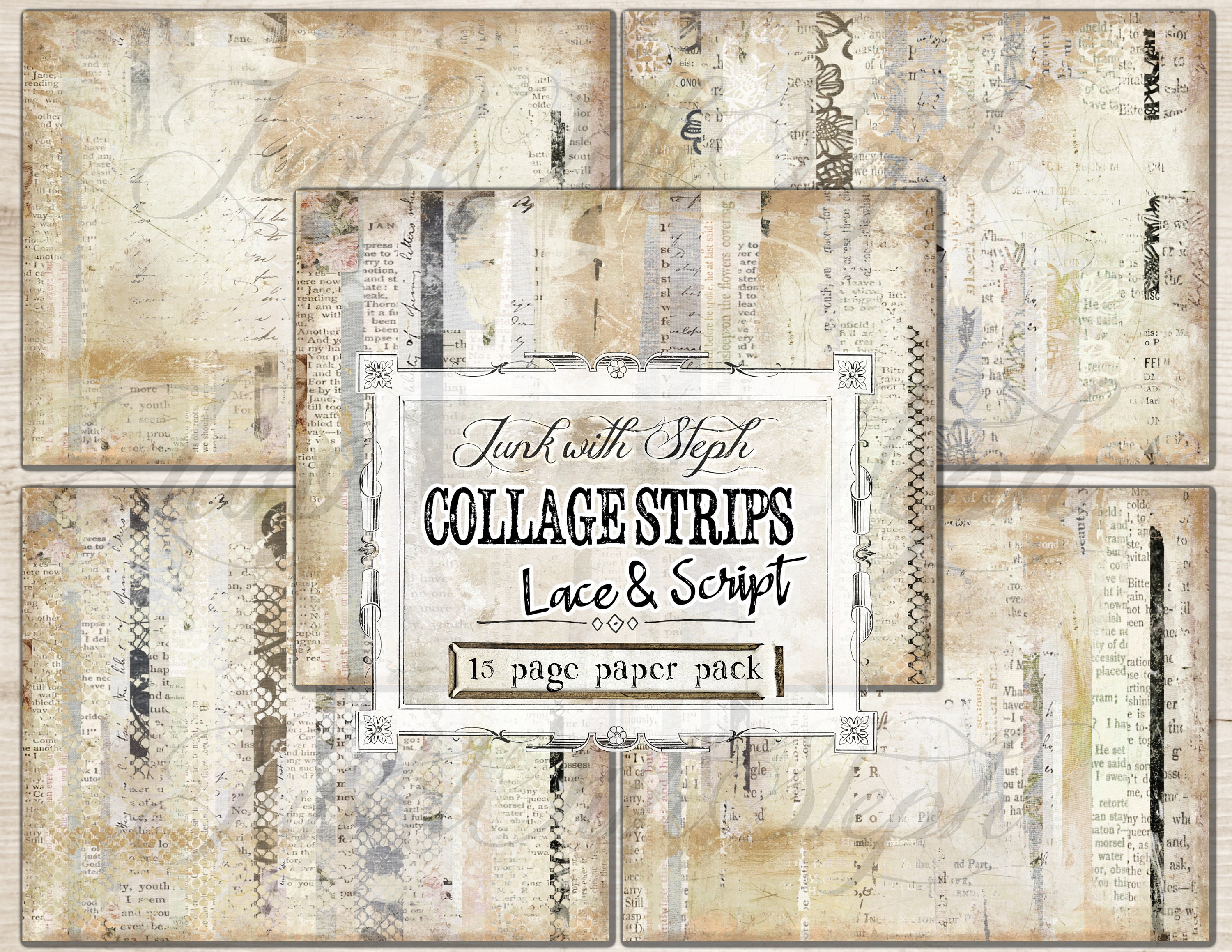 Collage Strips Lace & Script Paper Pack: 15 Pg Color Texture | Etsy