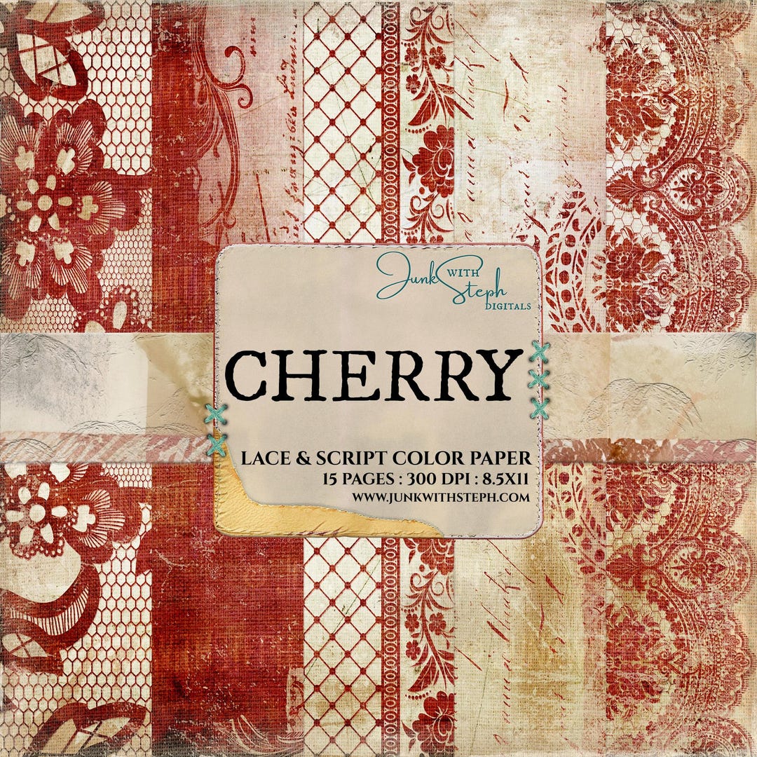 Cherry - Lace & Script Paper Pack: 15 Page Color Textured Patterns ...
