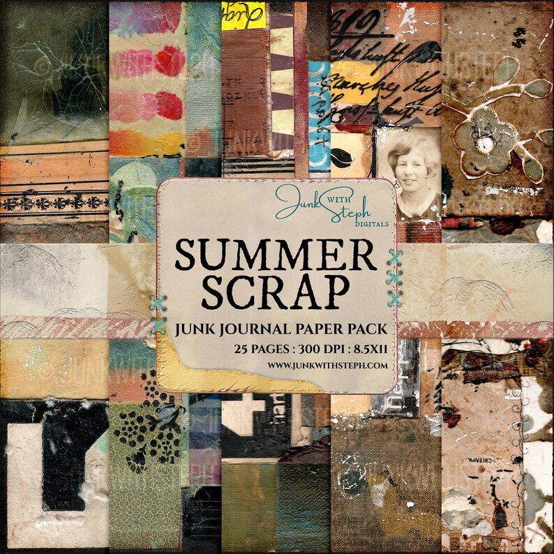 Summer Grunge Journal Paper Pack: Mixed Media Art, Printable Collage ...