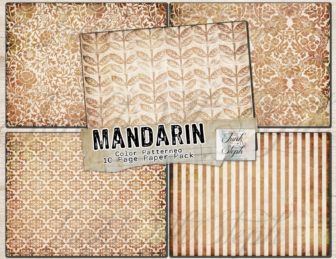 Mandarin Color Patterned Paper Pack: 10 Page Damask Textured Patterns ...