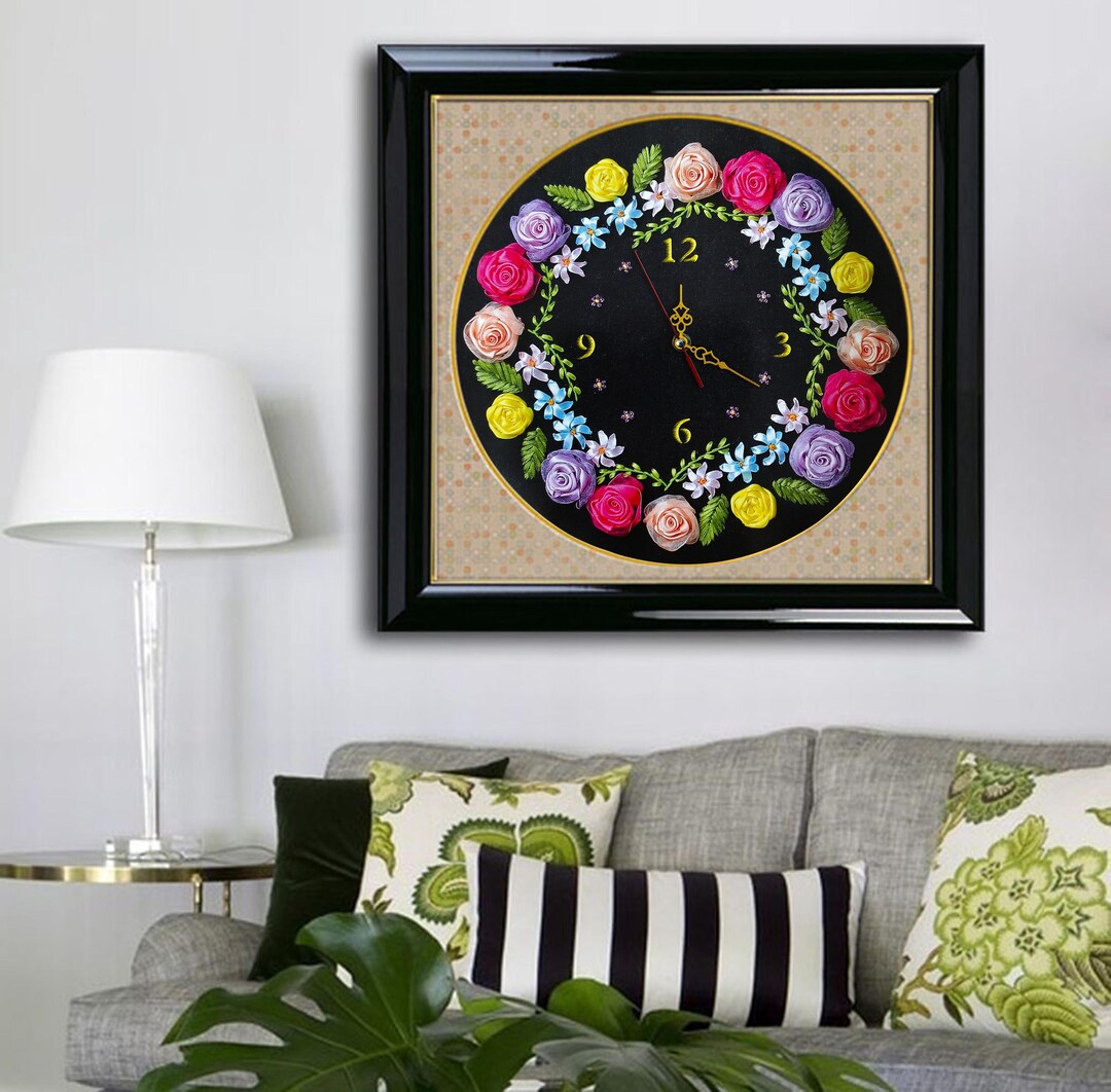Embroidery Clock Wall Clock Wall Art Finished Embroidery Ribbon Artwork ...