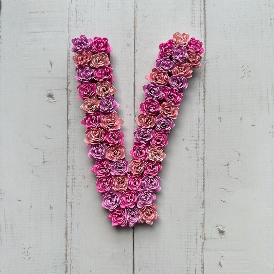 Letter V Monogram - Rolled Flower Design - Shades of Pink Roses - Etsy