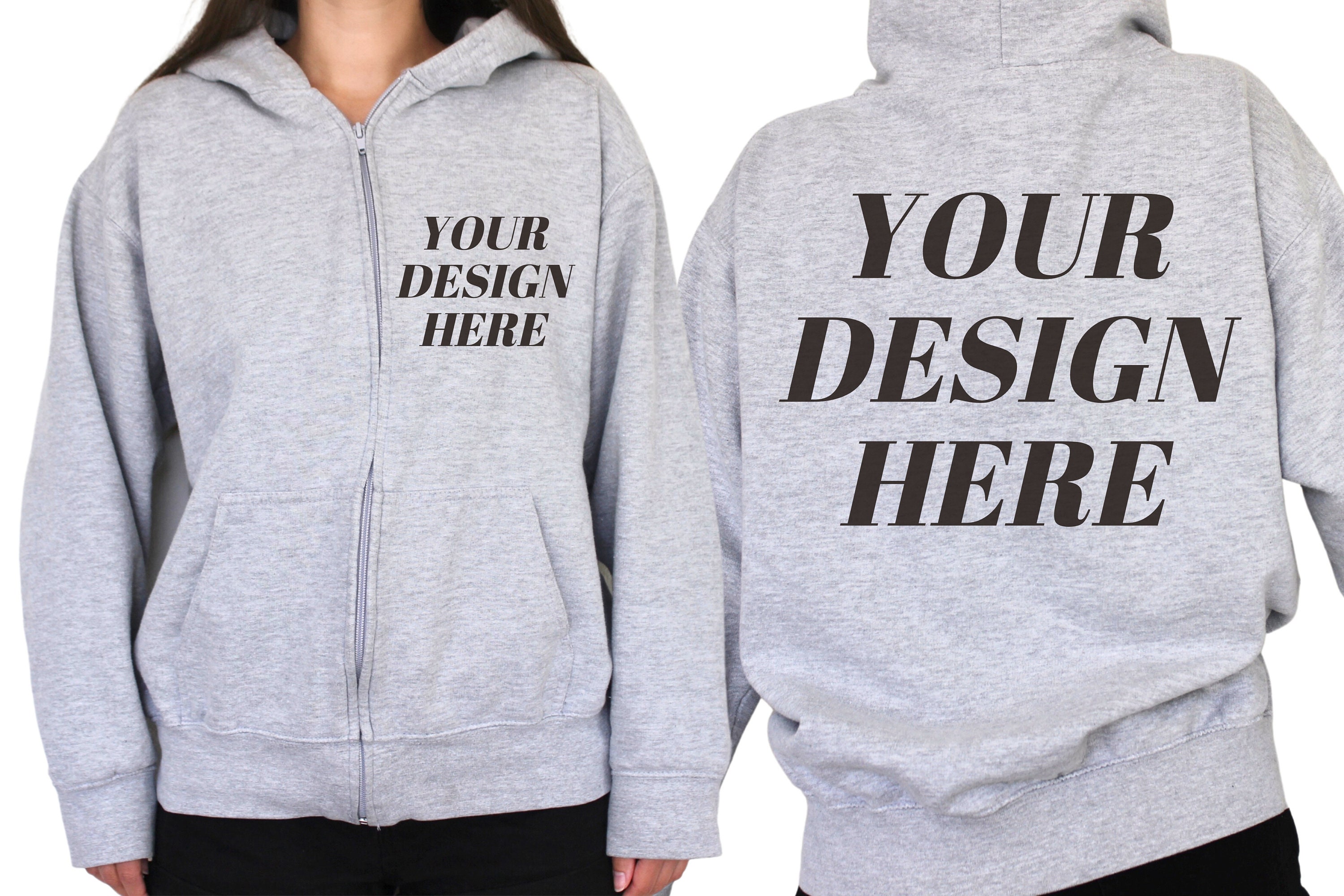 Sport Grey Zip up Front Back Design Hoodie Mockup, Zipup Front Backside ...