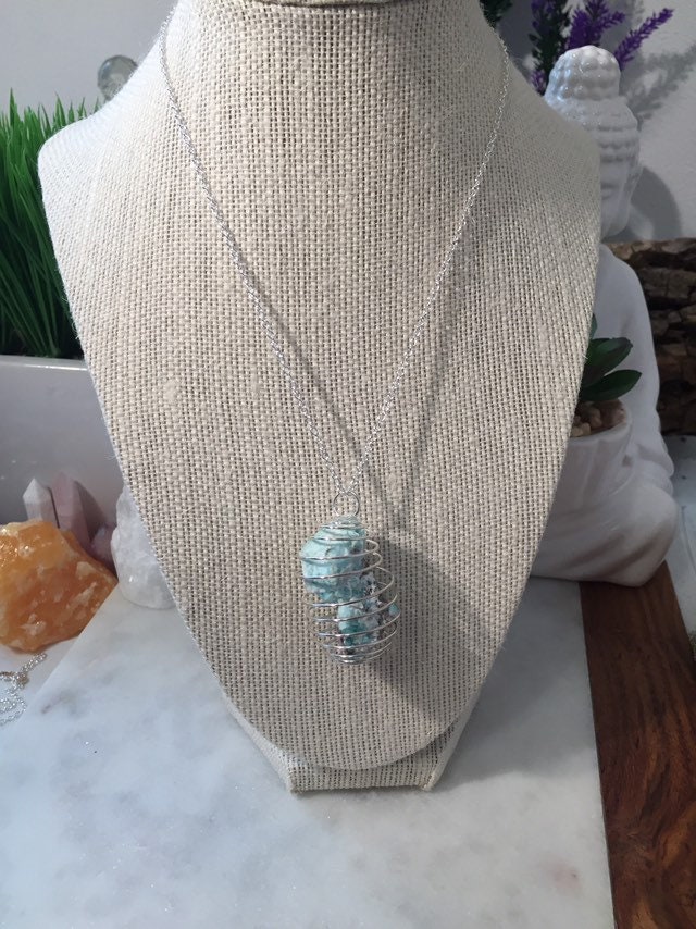 Rough Amazonite Stone Necklace~ Silver Spiral Caged Pendant~ Crystal ...
