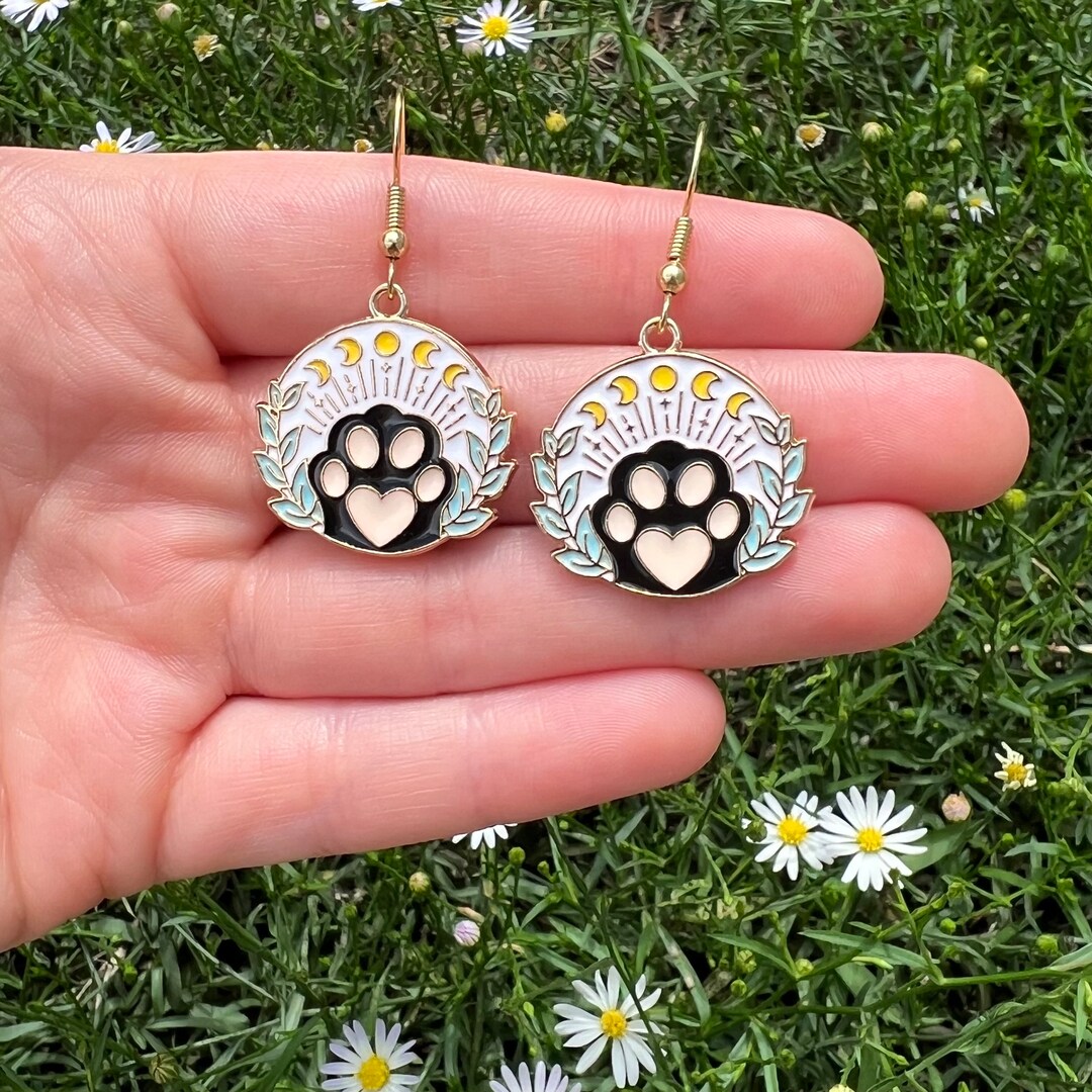 Black Cat Paw Moon Phases W/ Plants Dangle Earrings - Etsy