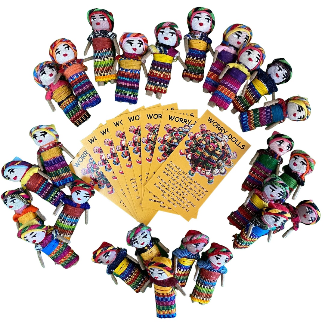 Fine Worry Dolls in a Bag, 25 Worry Dolls and Story Cards for Individual Gifts, Trouble Dolls ...