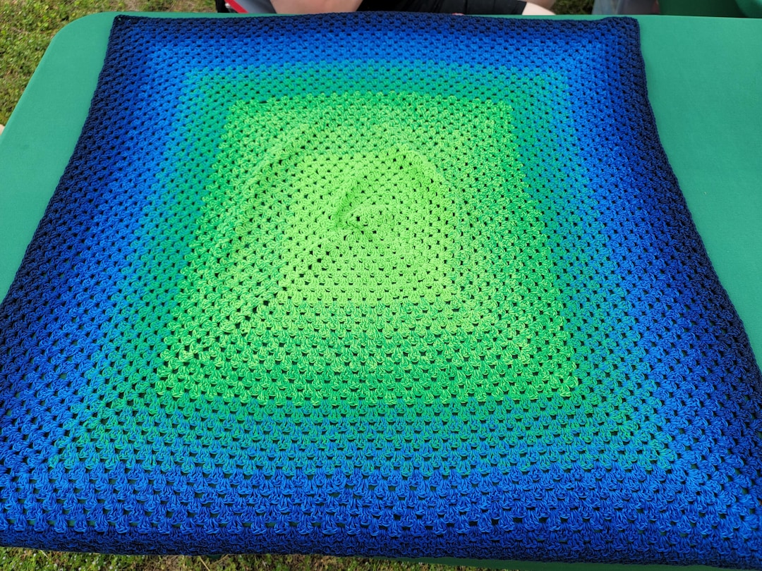 Soft Cotton Yarn Color Change Blue and Green Handmade Crochet Blanket ...