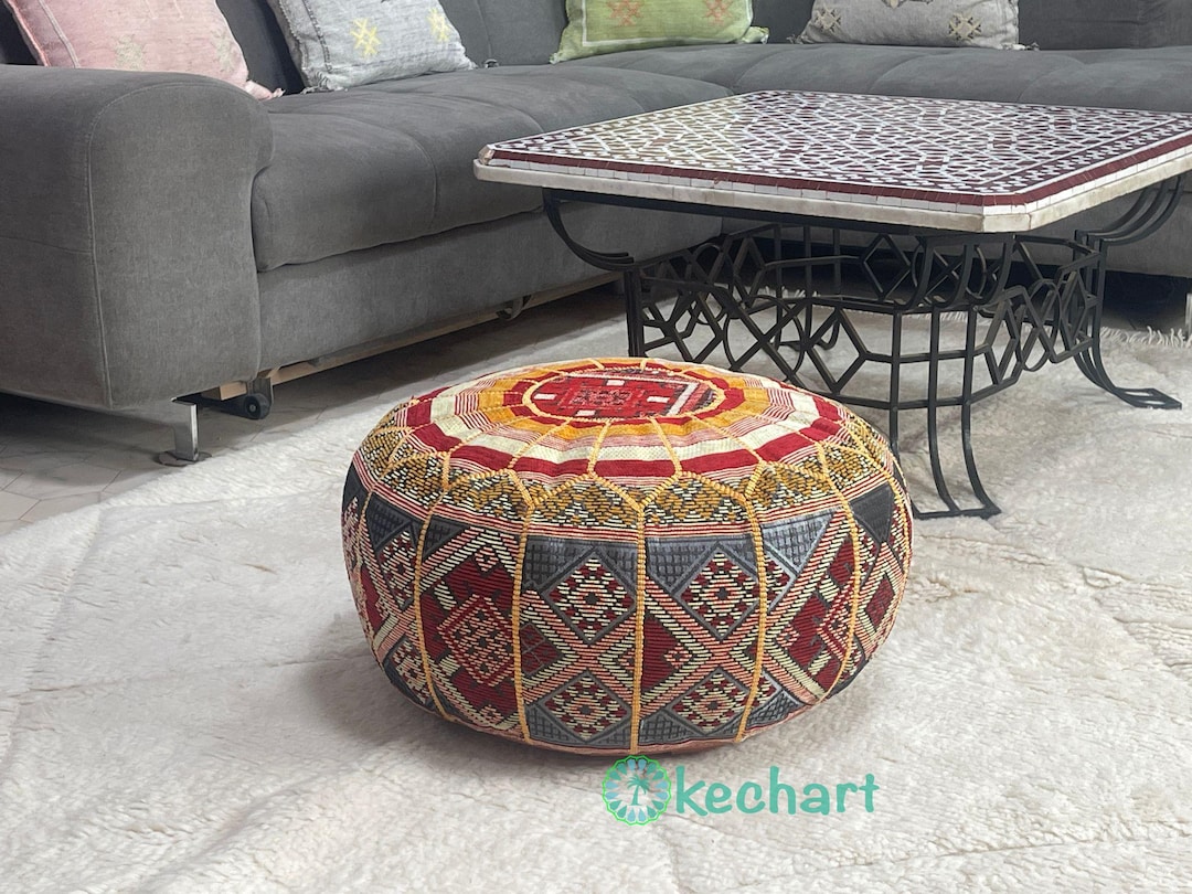 Kechart – Round Moroccan Pouf, Floor Ottoman, Pouf Cover,home Decor, Genuine Leather, Tissue ...