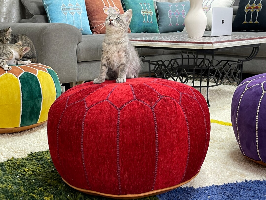Kechart Red Moroccan Pouf, Floor Ottoman, Pouf Cover, Home Decor ...