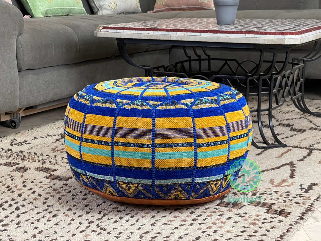 Kechart Blue Moroccan Pouf, Floor Ottoman, Cover, Home Decor, Genuine ...
