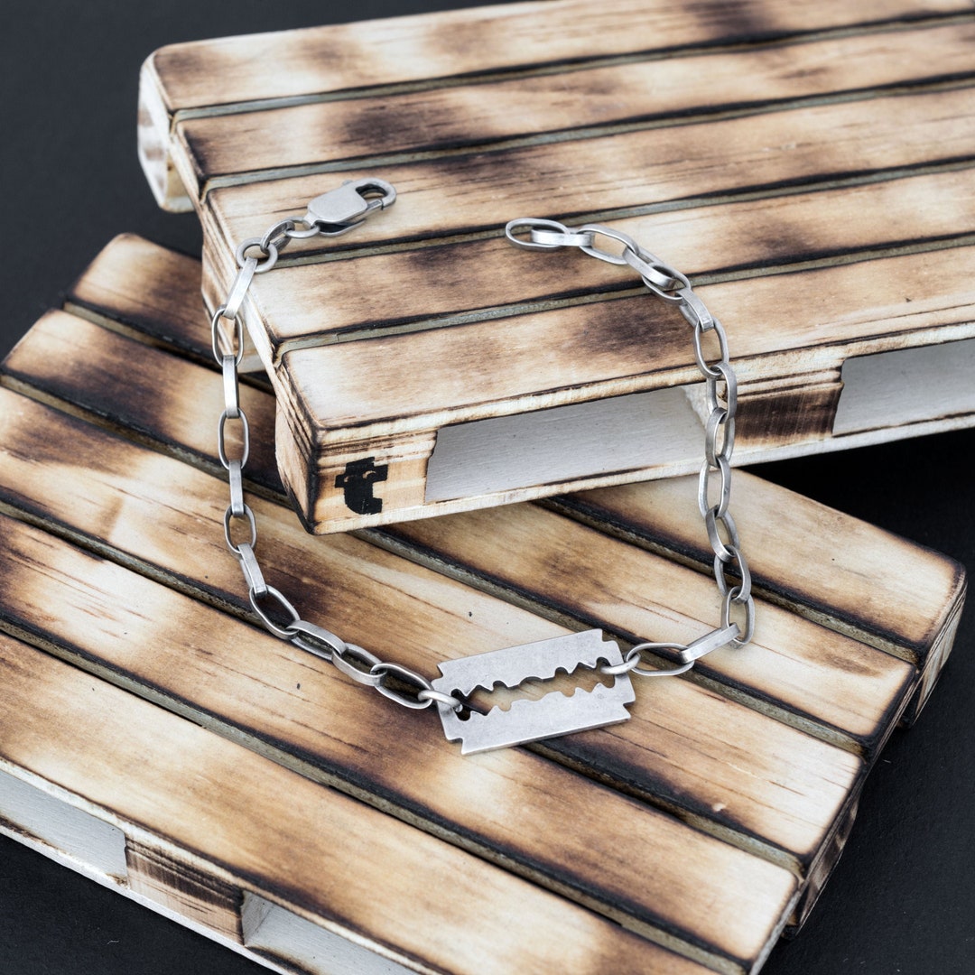 Sterling Silver Razor Blade Bracelet | Oxidized Chain for Men Best Gift ...