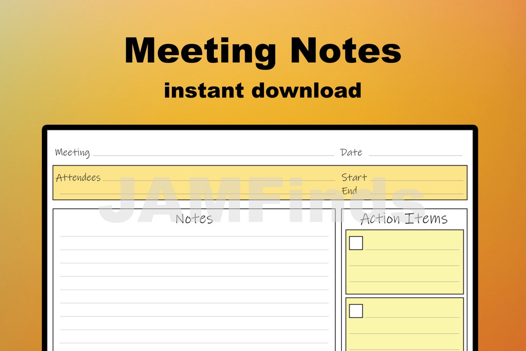 Meeting Notes Template Printable, Yellow, Orange, Business Note Taking ...