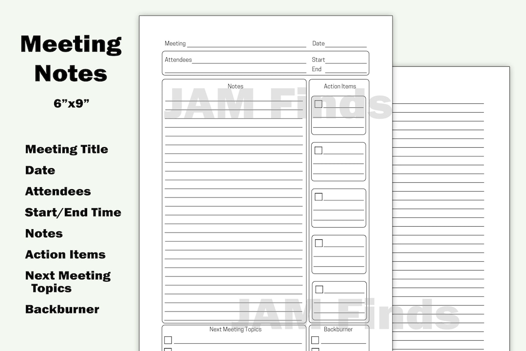 Meeting Notes Template Printable, Business Note Taking, Meeting Minutes ...