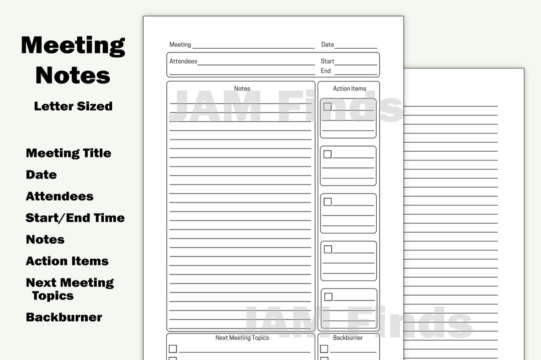Meeting Notes Template Printable, Business Note Taking, Meeting Minutes ...